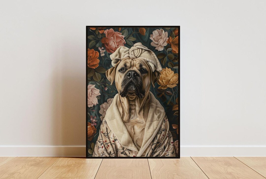 Mastiff in Bathrobe Poster, Dog Poster, English Mastiff Bathroom Print ...