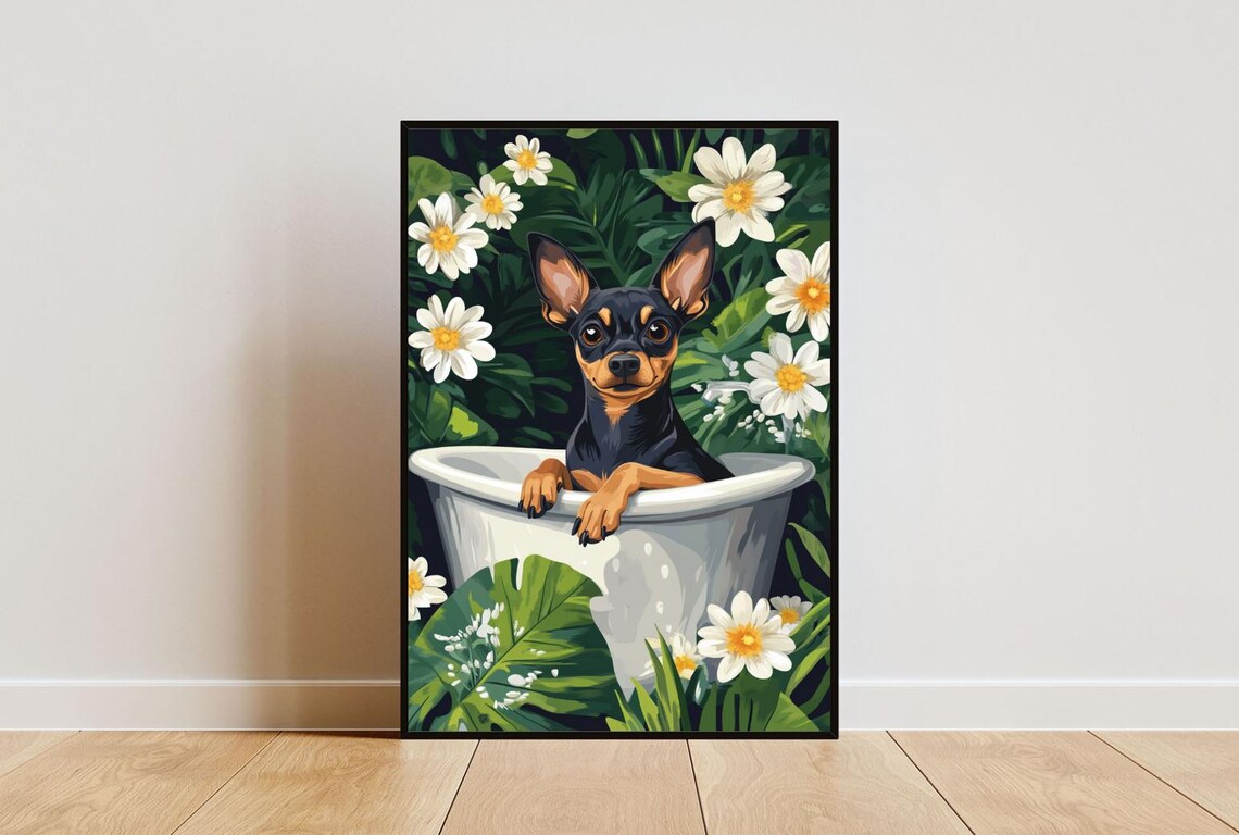 Miniature Pinscher in Bathtub Poster, Funny Dog Poster, Miniature ...