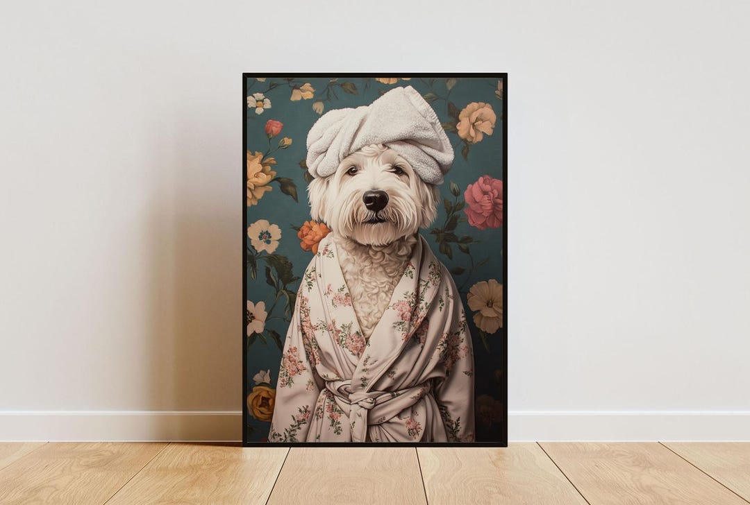 Old English Sheepdog in Bathrobe Poster, Dog Poster, Old English ...