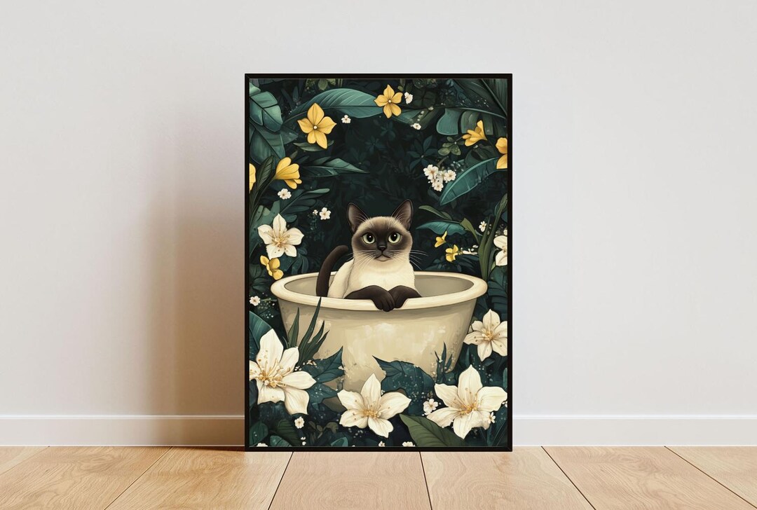 Siamese in Bathtub Poster, Funny Cat Poster, Siamese Bathroom Print ...