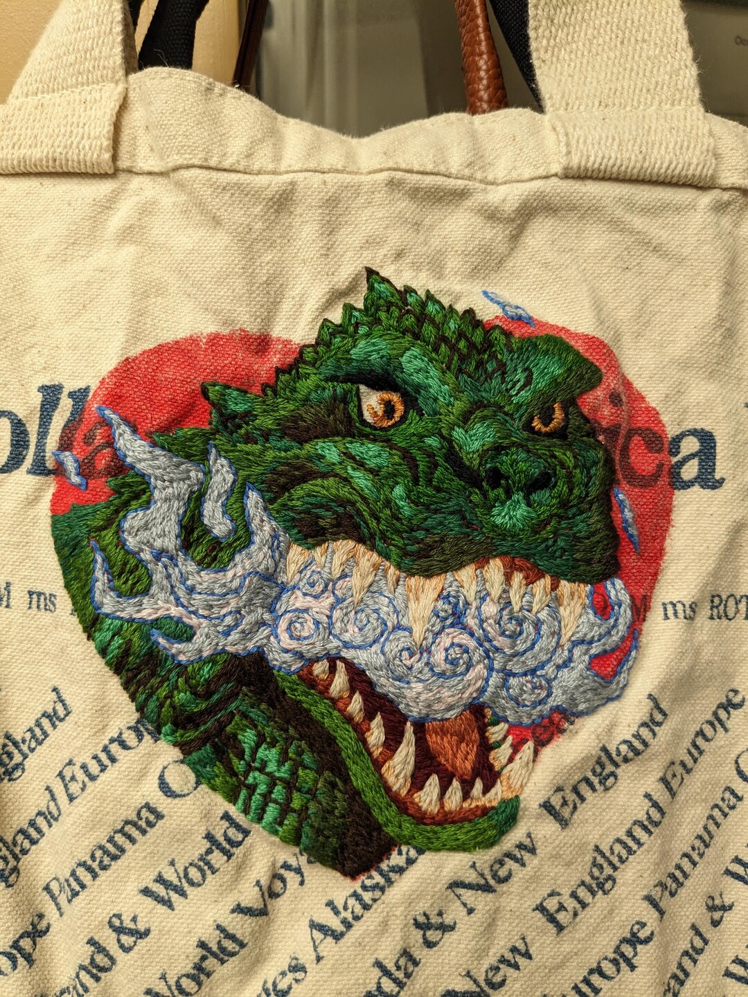 Godzilla Nuclear Breath Hand Embroidery Tote Bag - Etsy