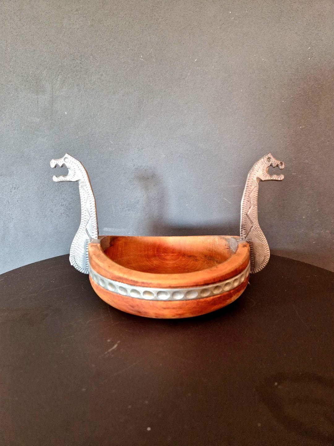 Vintage SAGA Norwegian Ale Bowl | Wooden Folk Art With Pewter Dragon ...