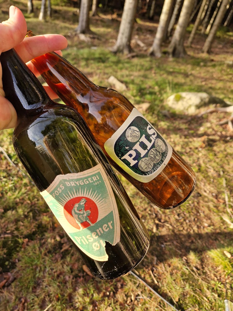 Vintage Glass Beer Bottles Set of 2 Norwegian Brewery Collectible Beer ...