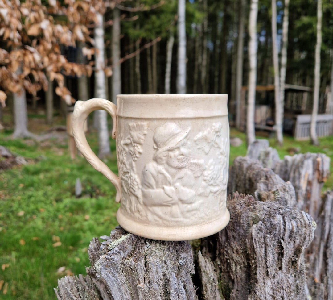 Antique German Beer Stein | Embossed Cream Glazed Mug | Rustic Folk Art ...