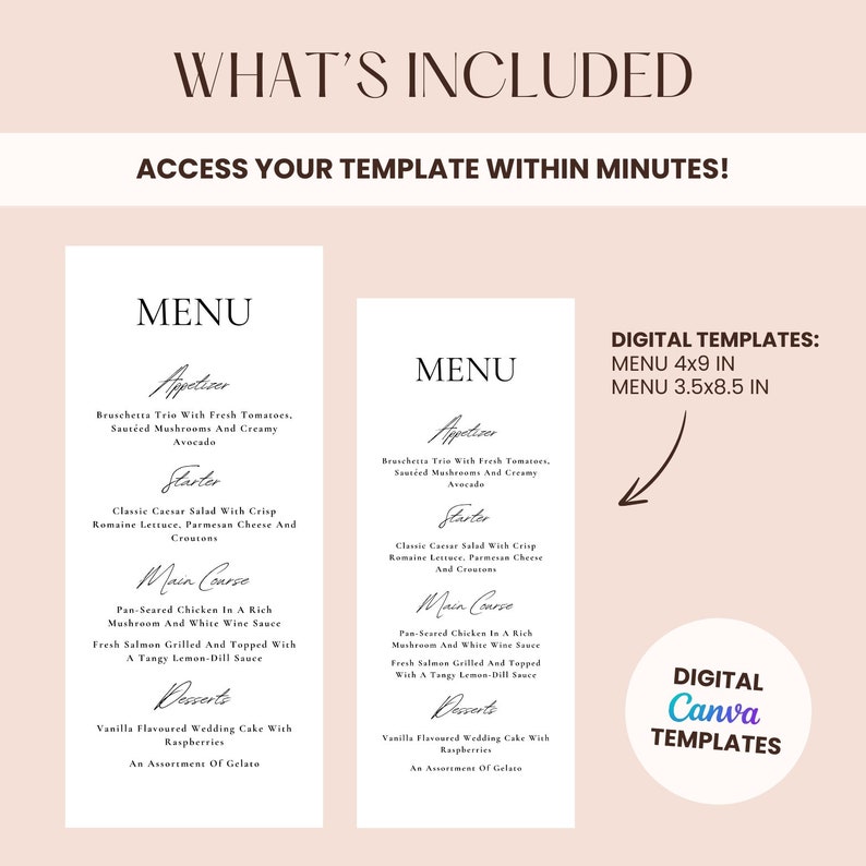 Minimalist Wedding Menu Card Template, Modern Wedding Menu, Printable ...