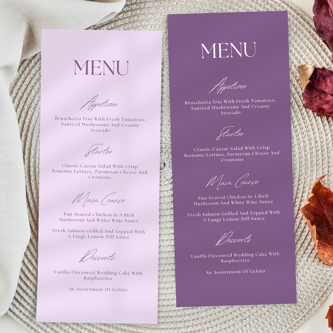Purple Wedding Menu Card Template, Printable Tall Dinner Menu, Editable ...