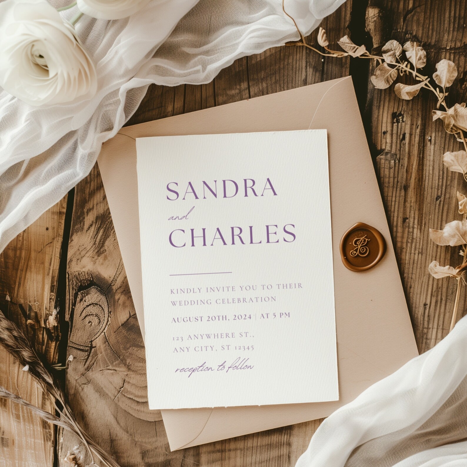 Purple Minimalist Wedding Invitation Suite Template, Modern Lilac ...