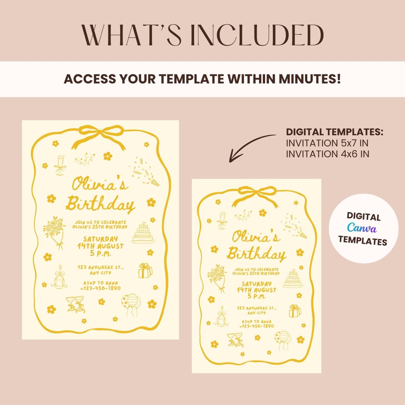 Yellow Birthday Invitation Template, Printable Birthday Party Program ...