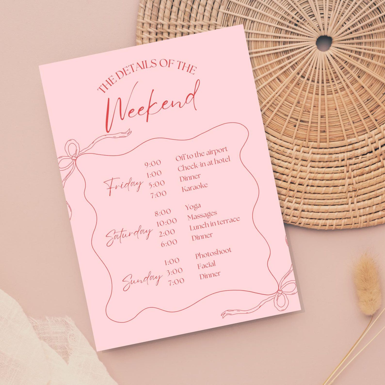 Pink Red Bow Birthday Weekend Invitation Template, Printable Birthday ...