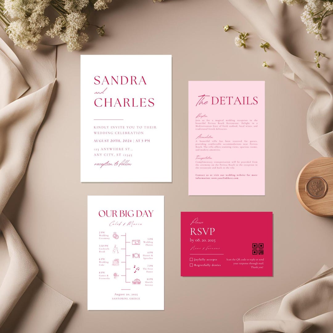 Pink Modern Wedding Invitation Suite Template, Hot Pink Invitation Set ...
