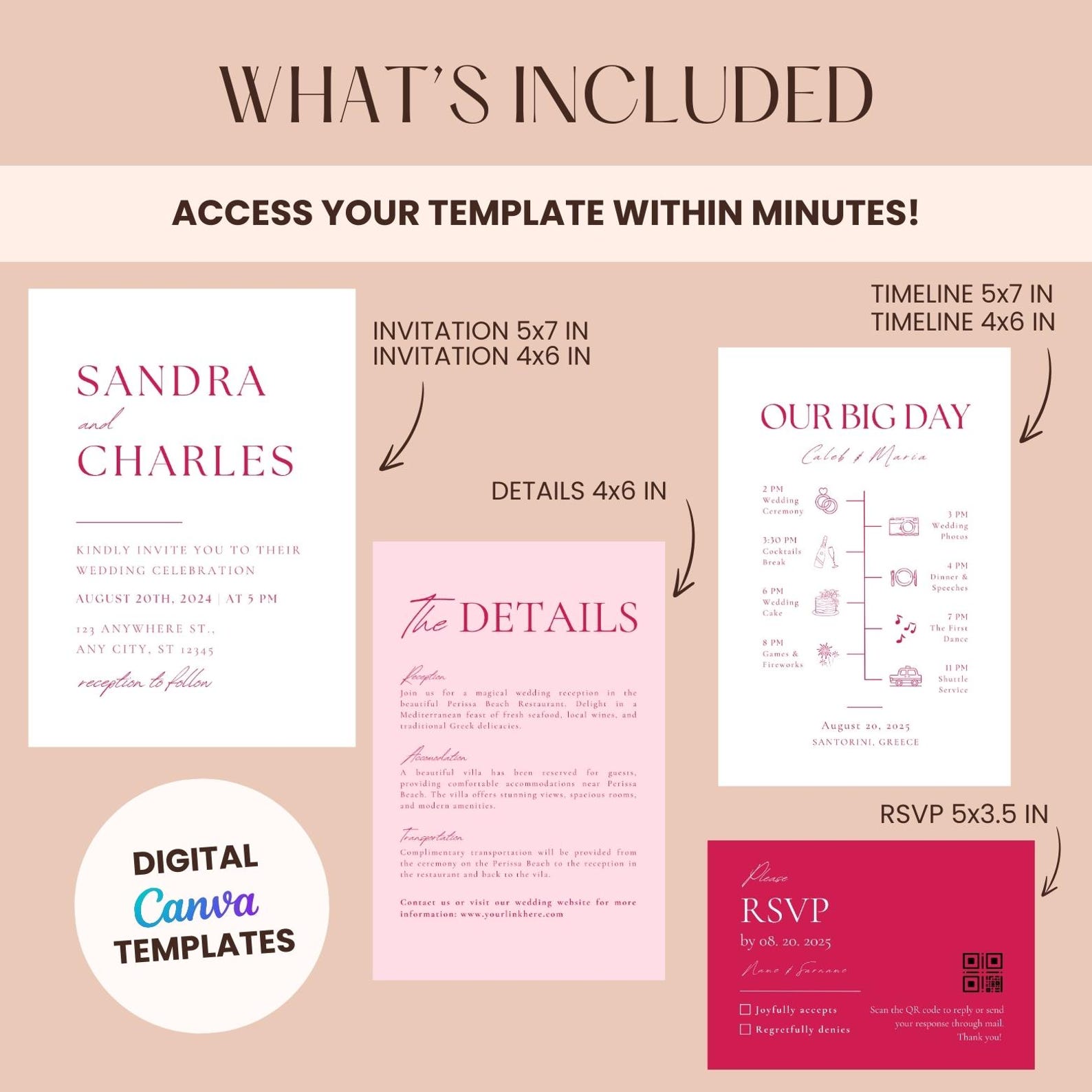 Pink Modern Wedding Invitation Suite Template, Hot Pink Invitation Set ...