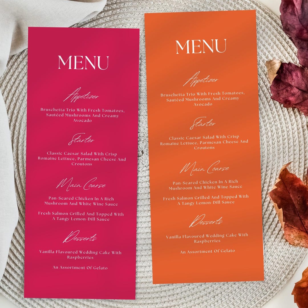 Pink Orange Wedding Menu Card Template, Printable Tall Menu, Editable Handwritten Table Menu ...