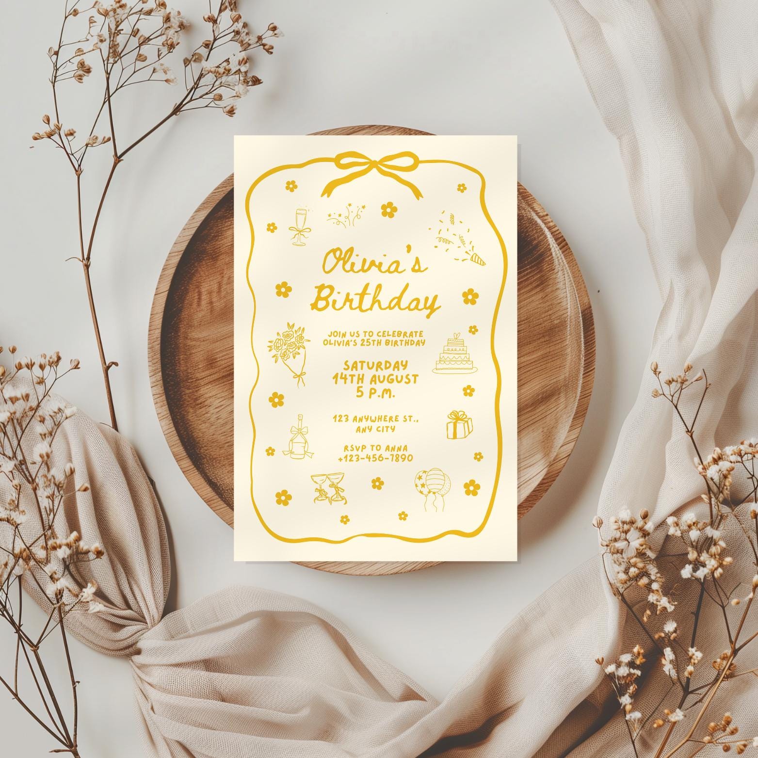 Yellow Birthday Invitation Template, Printable Birthday Party Program ...