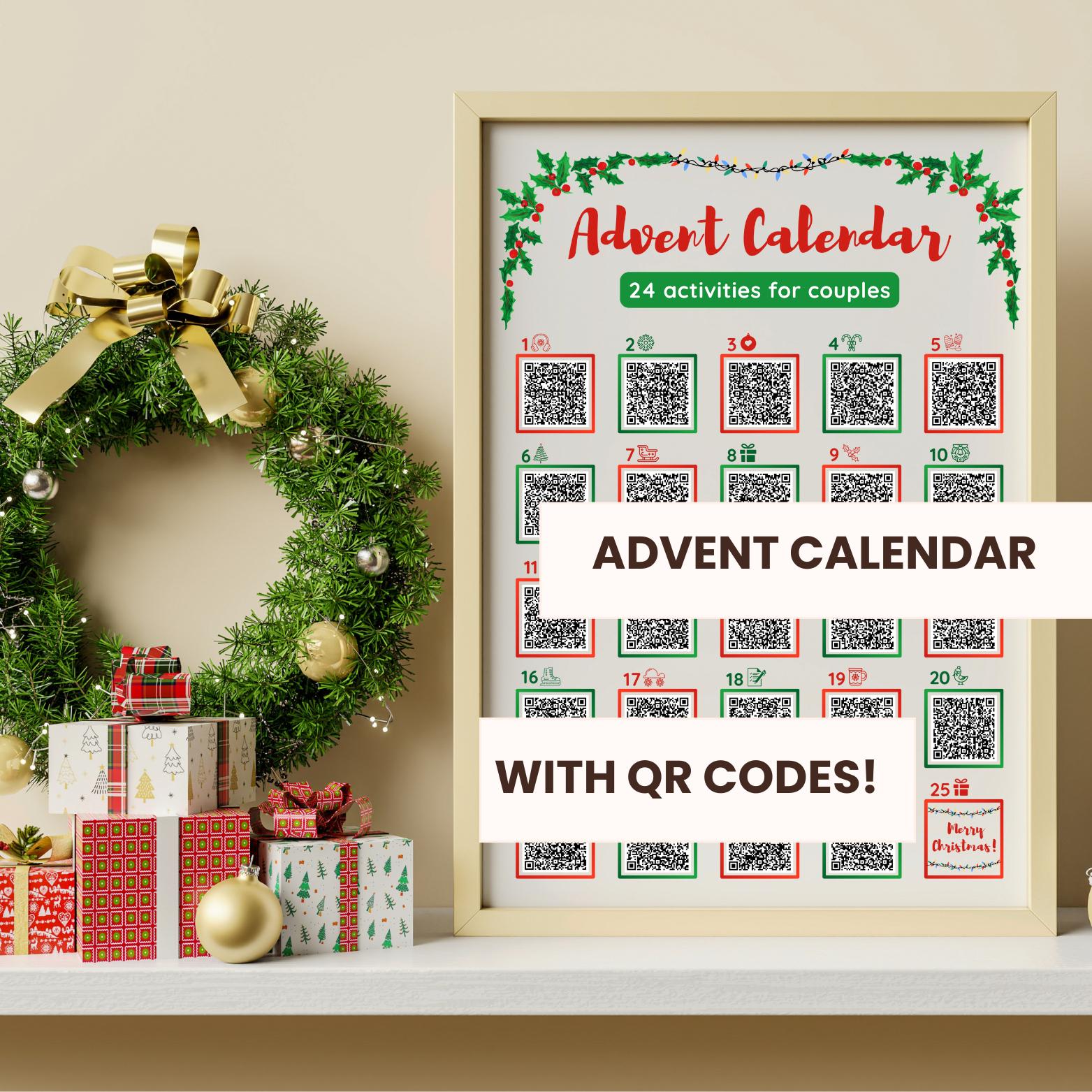 Printable Couples Advent Calendar QR Code Template, Christmas Countdown for Couples, 24 Holiday ...