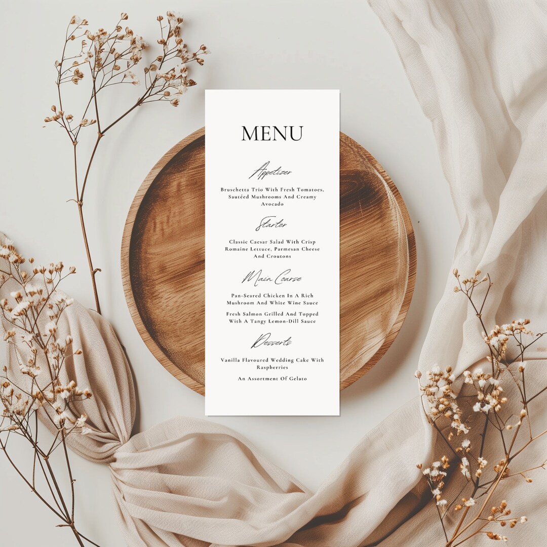Minimalist Wedding Menu Card Template, Modern Wedding Menu, Printable ...
