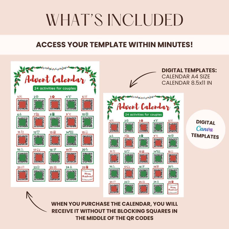 Printable Couples Advent Calendar QR Code Template, Christmas Countdown ...