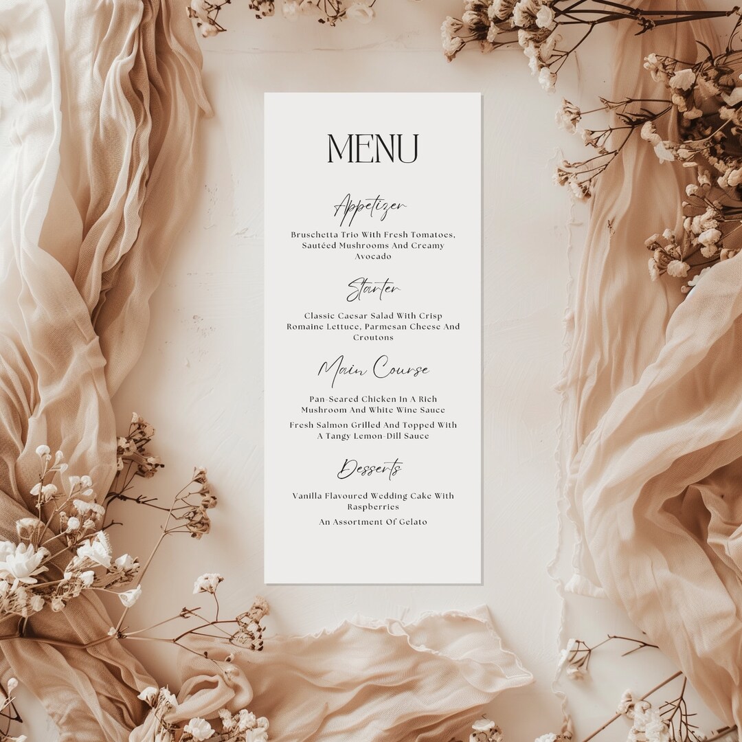 Wedding Menu Card Template, Modern Wedding Menu, Printable Tall Menu ...