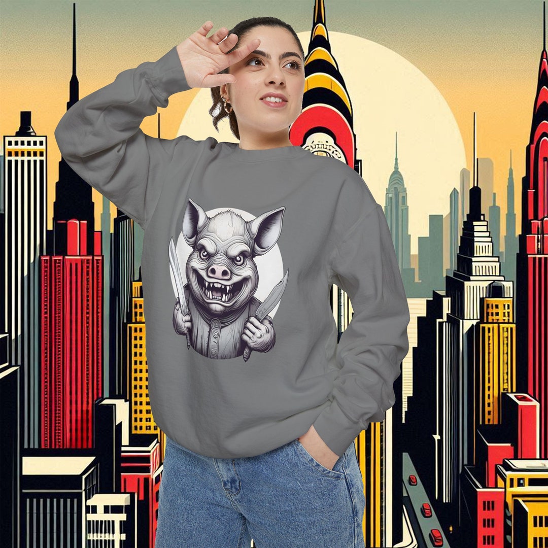 Scary Pig Sweatshirt, Evil Pork Graphic Tee, Knife Wielding Hog , Funny ...