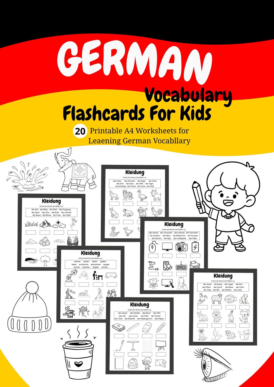 German Vocabulary Flashcards for Kids | 20 Printable A4 Worksheets ...