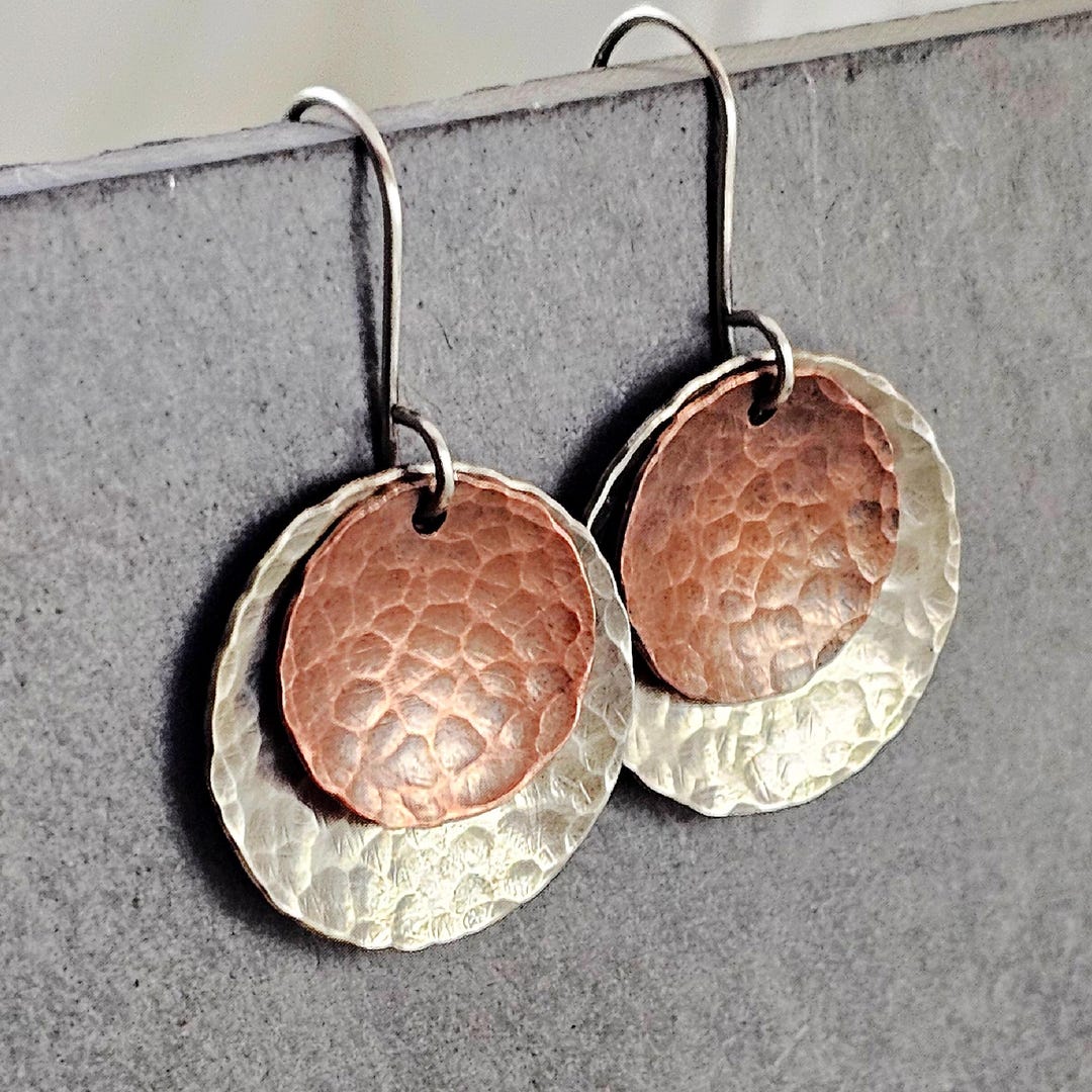 Disc Earrings Dangle Earrings Textured Mixed Metal Sterling Silver ...