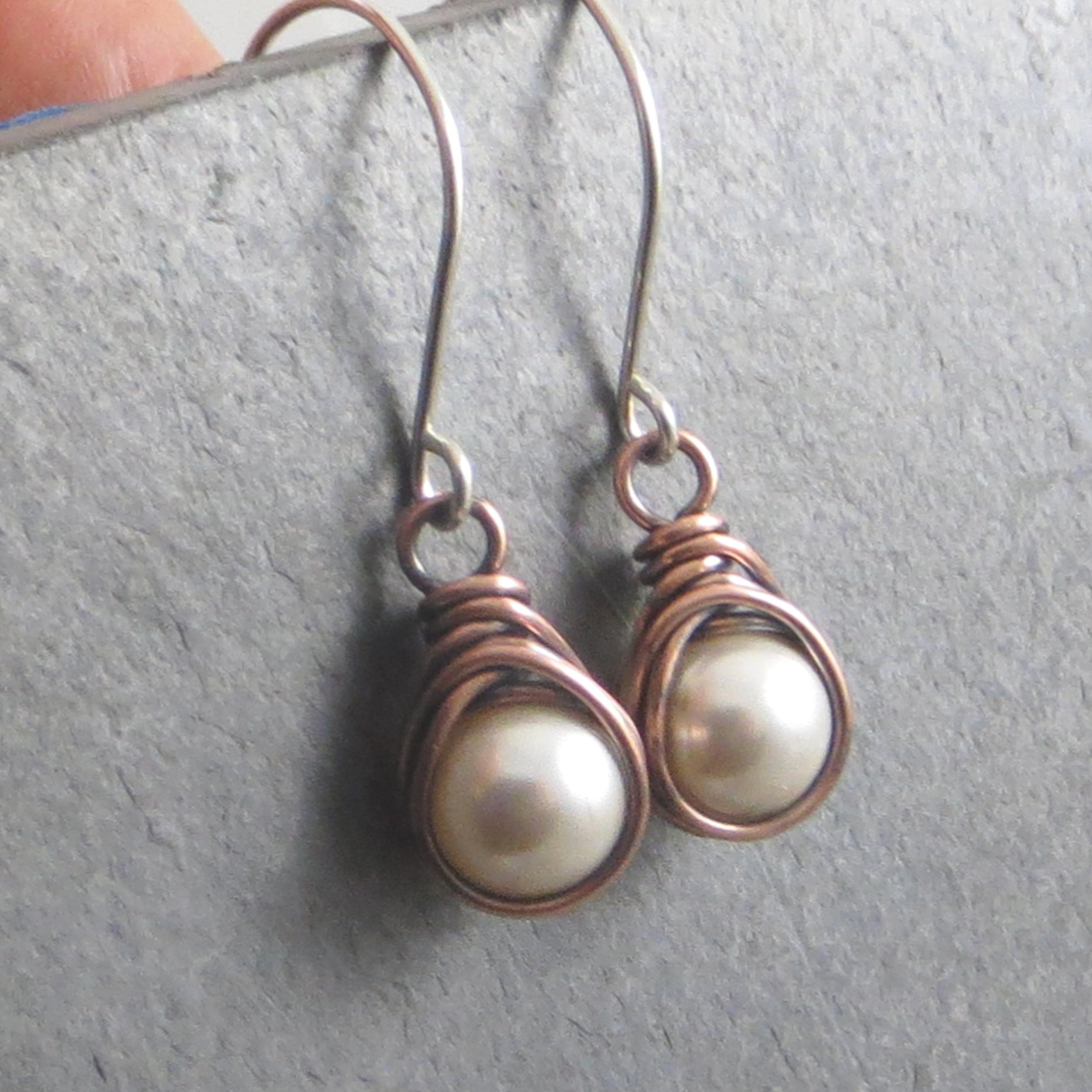 Copper Earrings Pearl Earrings Wire Wrapped Earrings Eco | Etsy