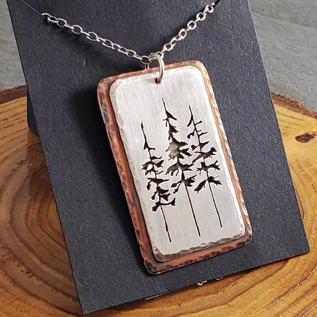 Pine Tree Pendant Mixed Metal Necklace Pierce and Saw Jewelry - Etsy