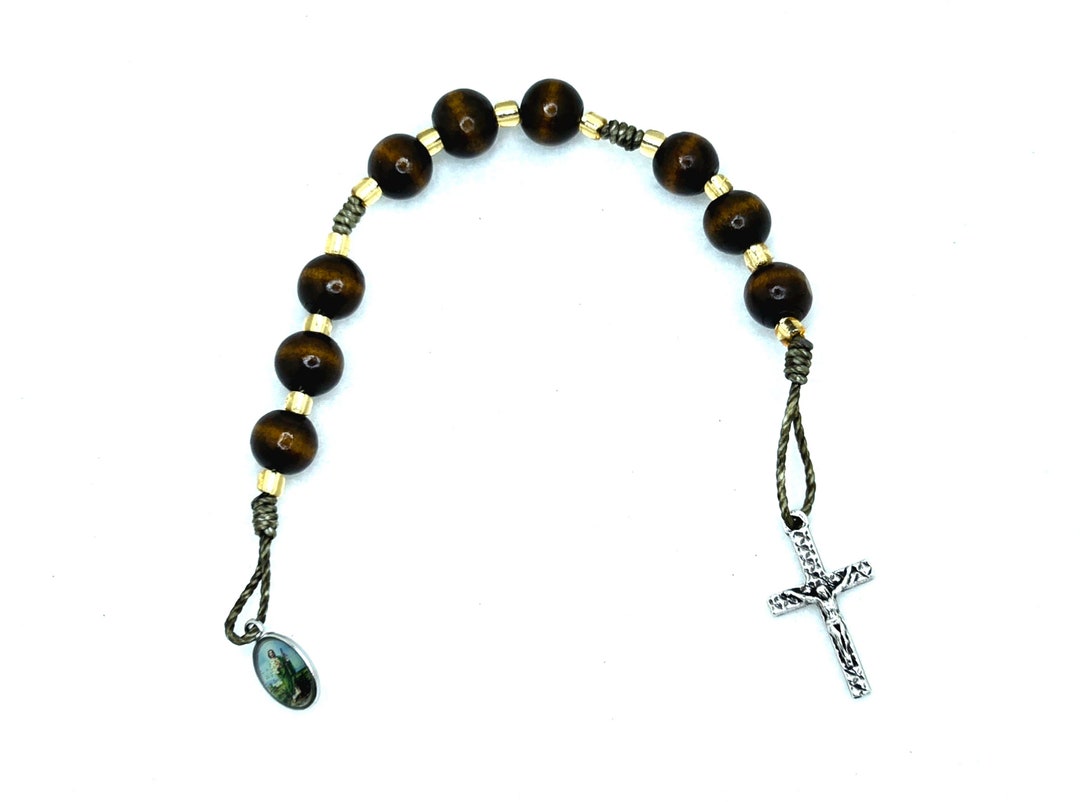St. Jude Chaplet - Brown Wood, Yellow Glass, Green Cord - Handmade Bead ...