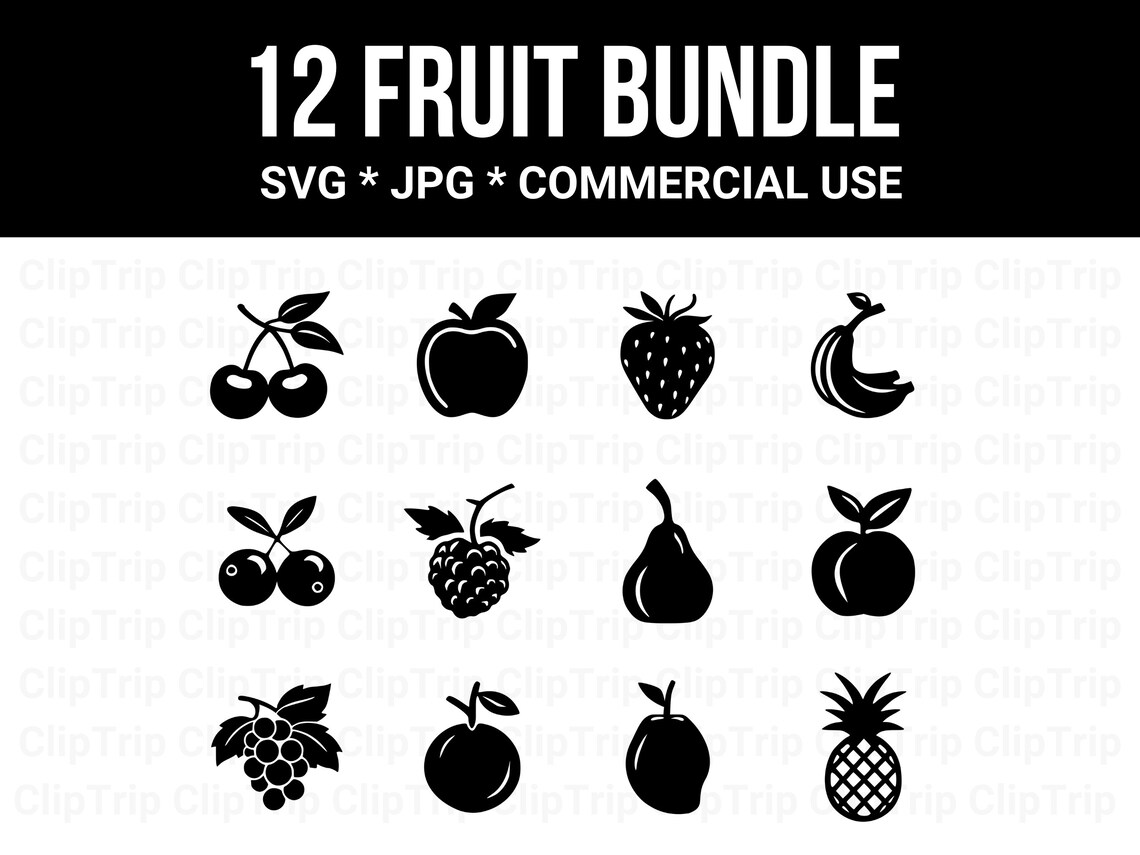 12 Black White Fruit Clipart SVG Bundle, Fruit Silhouette, Fruit Svg ...