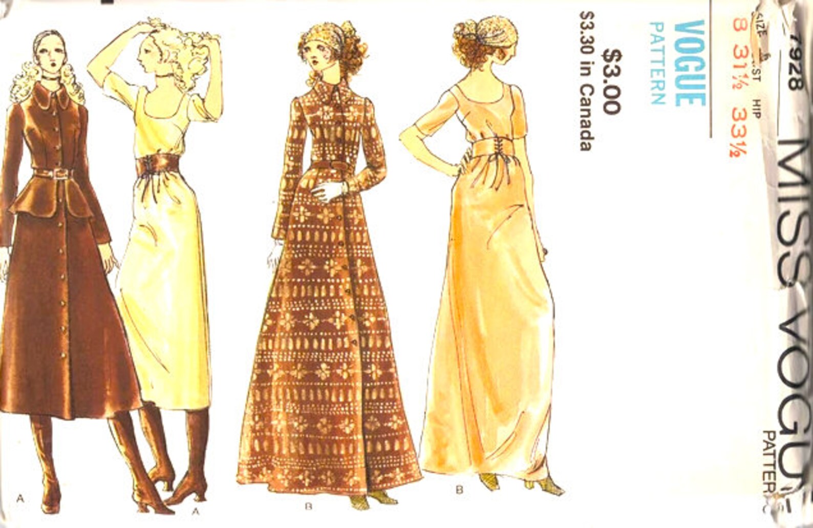 Vintage Vogue 7928 Misses Scoop Neck Maxi or Midi Dress and Maxi Coat ...
