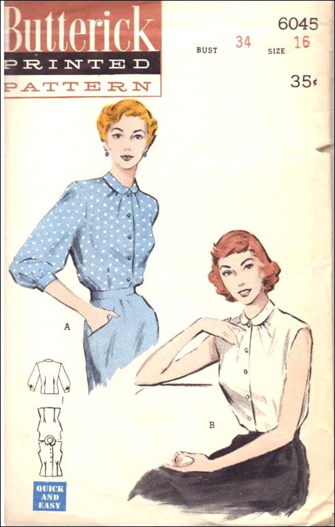 Vintage 50s Butterick Blouse Sewing Pattern 6045 - Bust 34 CC, USA ...