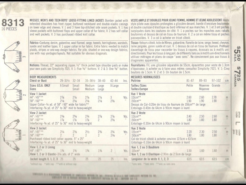 Simplicity 8313 BOMBER JACKET for Adults Misses Mens | Etsy