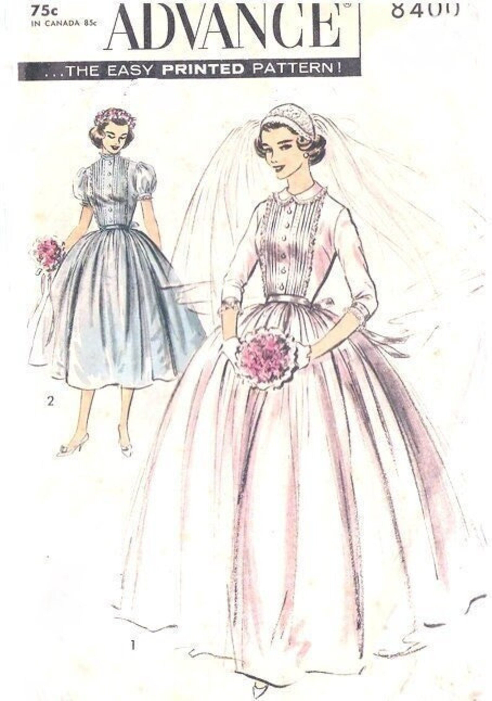 Vintage 50's Advance 8400 Misses' Bridal Gown Bodice W/ Gathered Skirt ...
