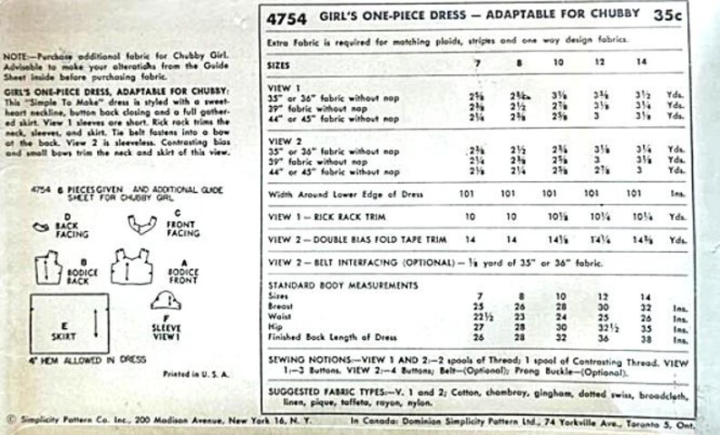 1950s Girls Party Dress Sewing Pattern: Simplicity 4754, Size 7 - Etsy