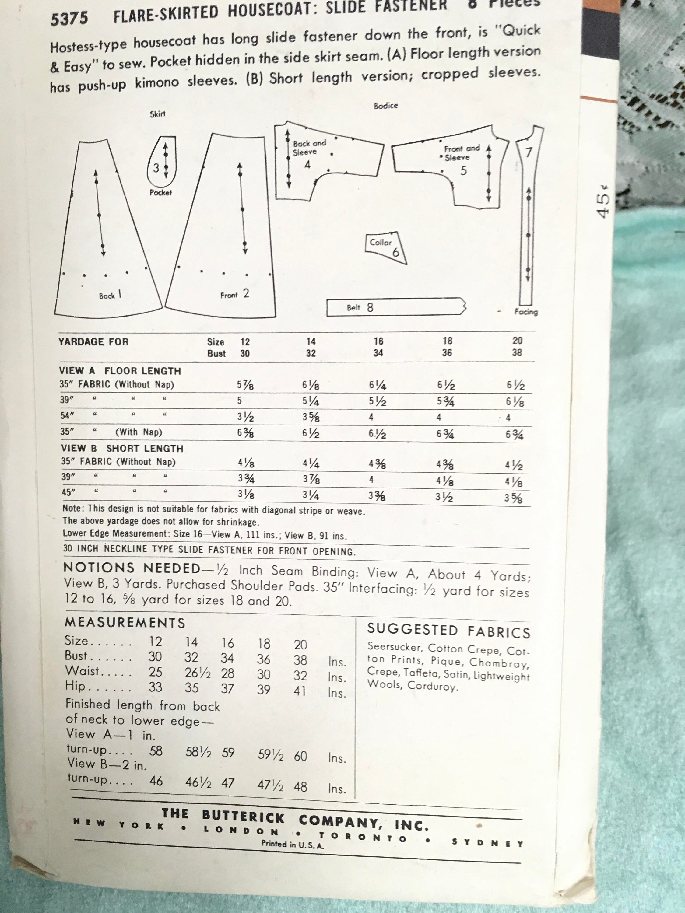 Vintage 1950's Butterick 5375 Misses' Maxi or Midi Caftan With Kimono ...