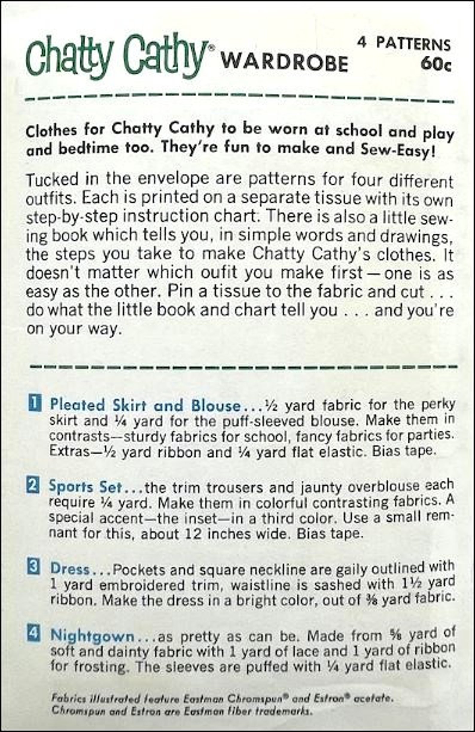 Rare 1960's Chatty Cathy Wardrobe Factory Fold Sewing Pattern, Advance ...