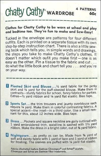 Rare 1960's Chatty Cathy Wardrobe Factory Fold Sewing Pattern, Advance ...