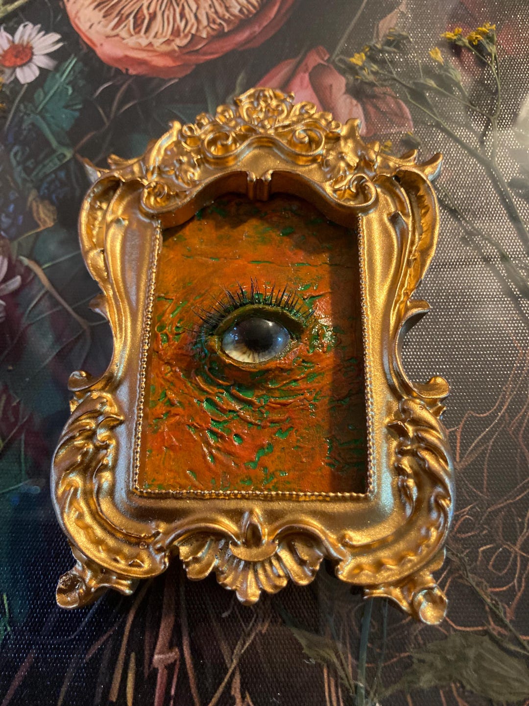 Orange and Green Monster Eye Sculpture Wall Art in Gold Frame - Etsy