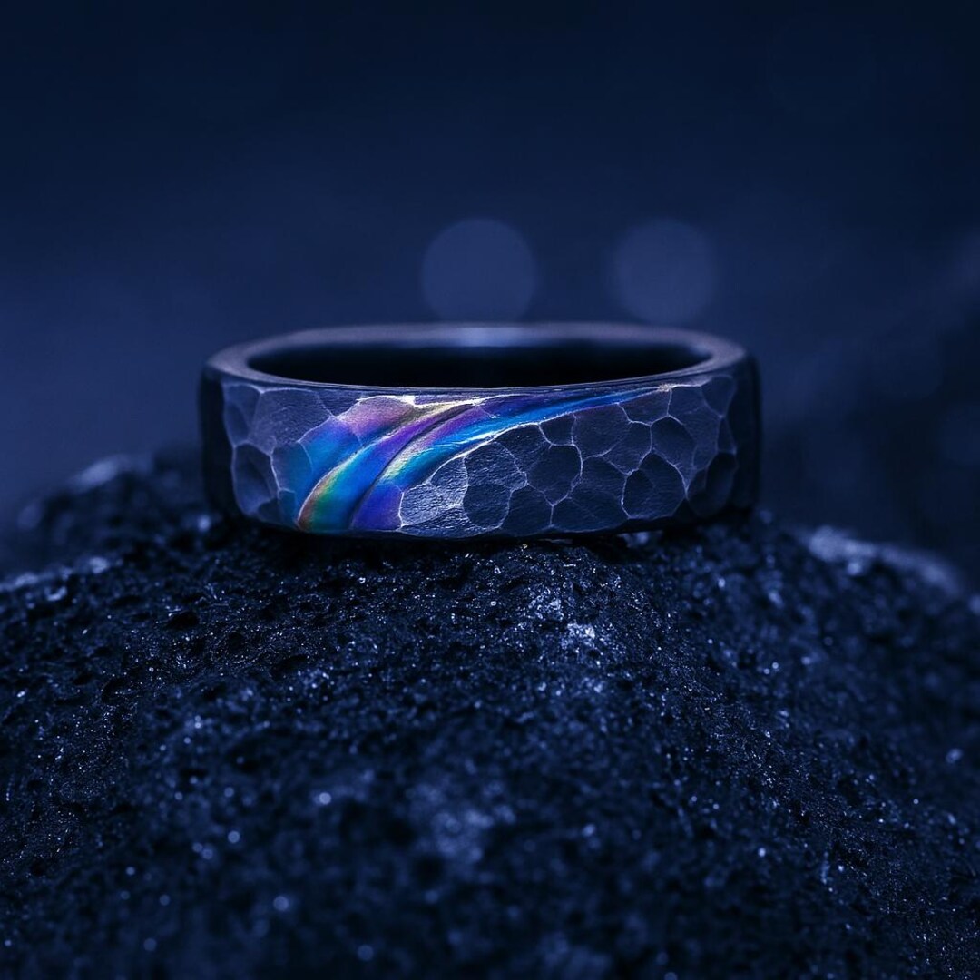 Hammered Textured Wedding Ring,titanium Ring Men,rainbow Titanium Band ...
