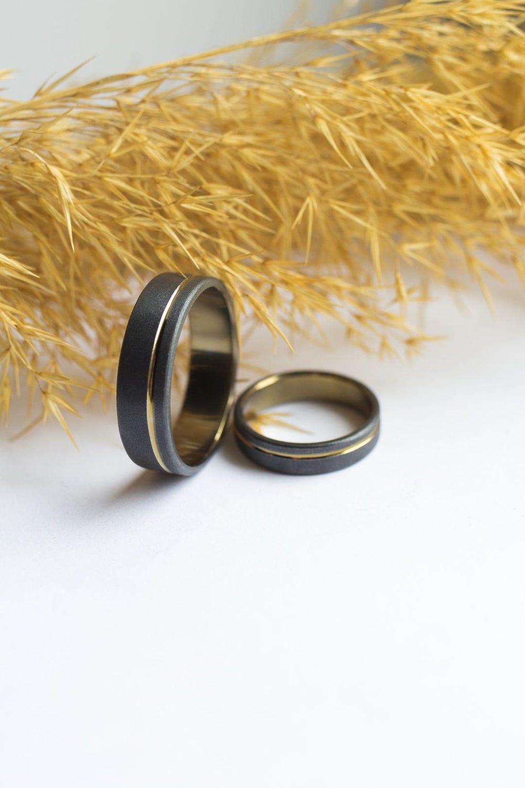 Graphite Black Wedding Rings With a Golden Stripe,combined Rings ...