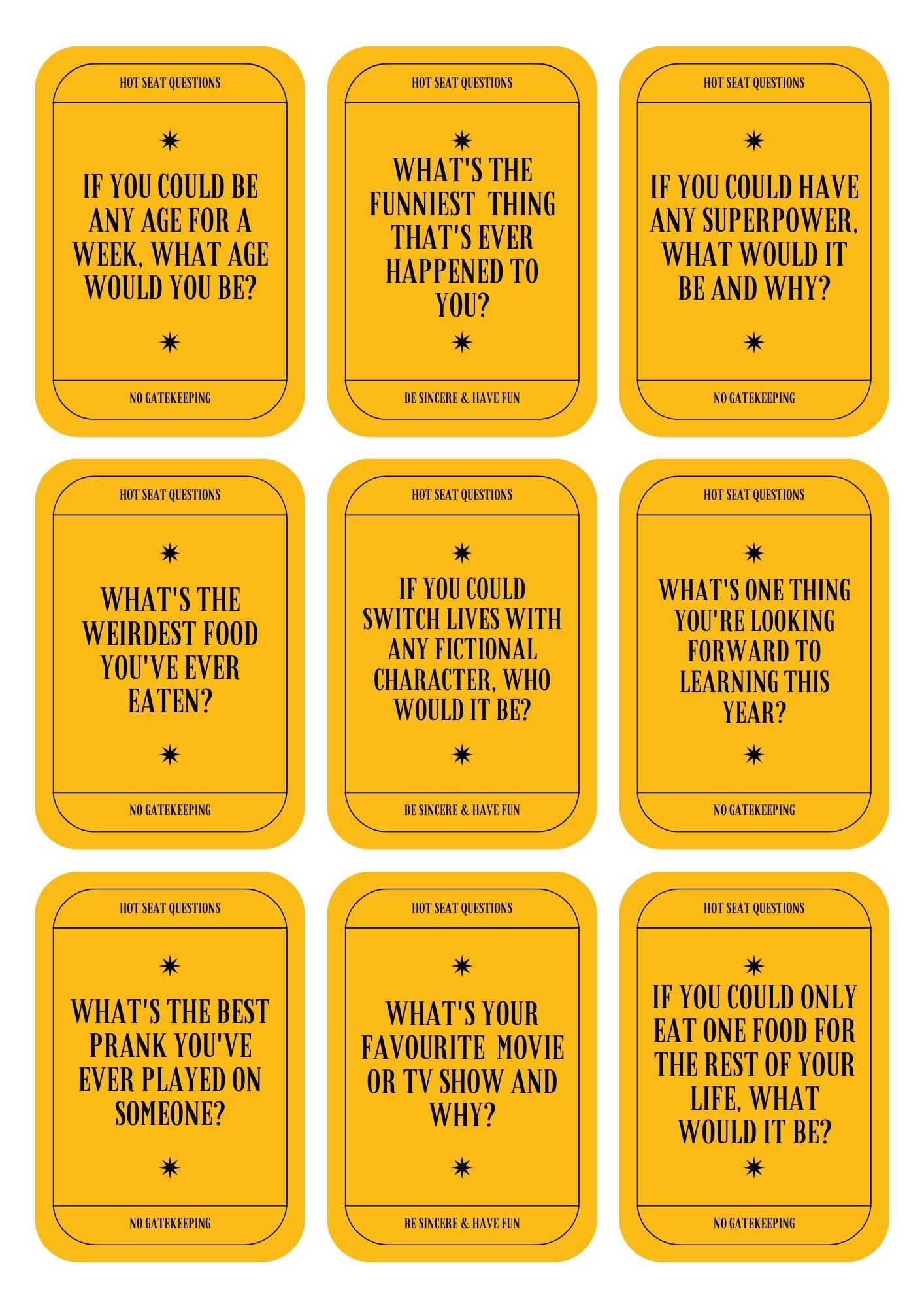 Hot Seat Questions Cards, Back to School, Teacher, Student, Ice Breaker ...