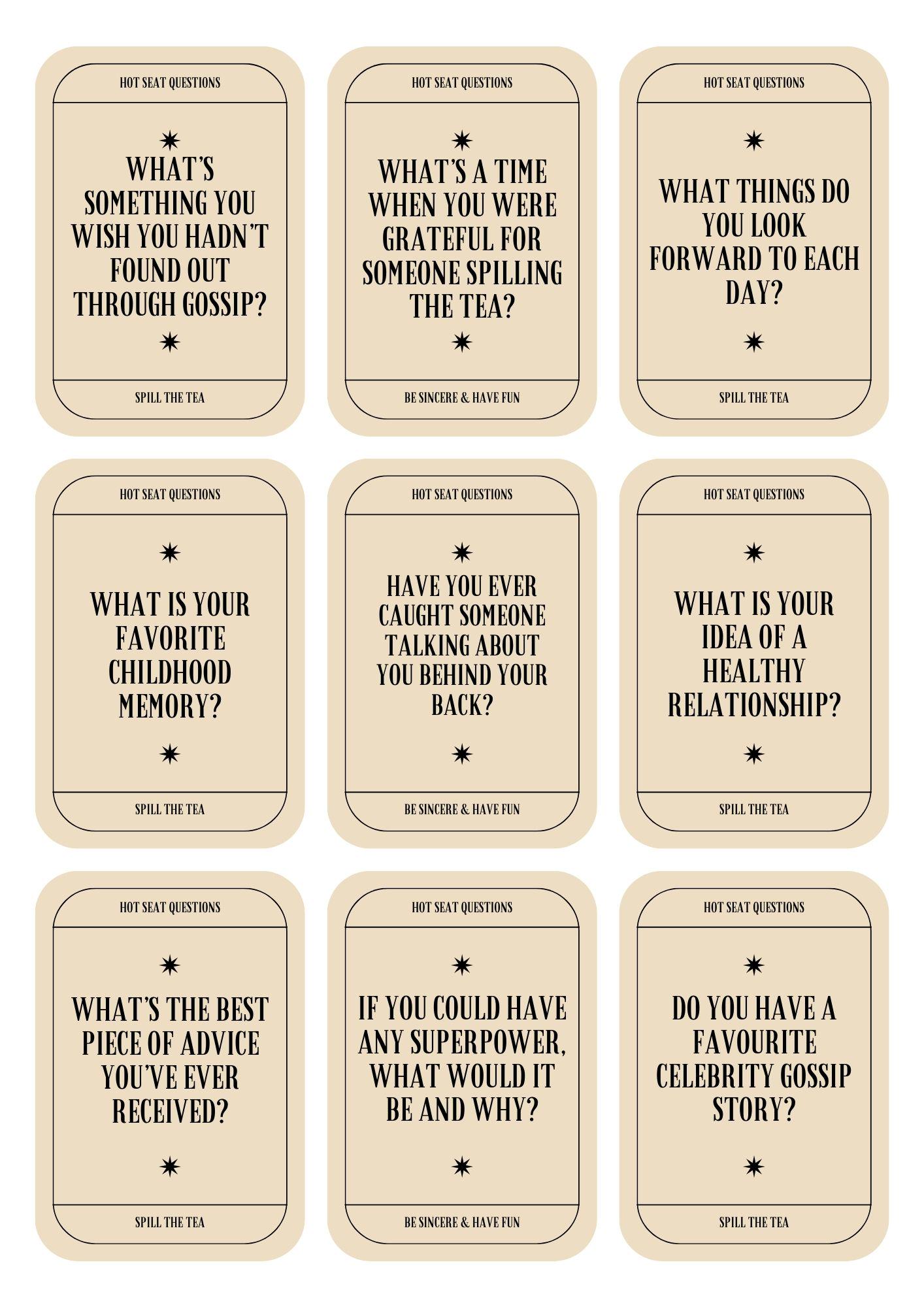 Hot Seat Questions Cards, Spill the Tea to Reconnect, Deep Conversation ...