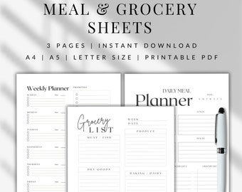 Printable Meal Planner and Grocery List A4,A5,US Letter, Instant ...