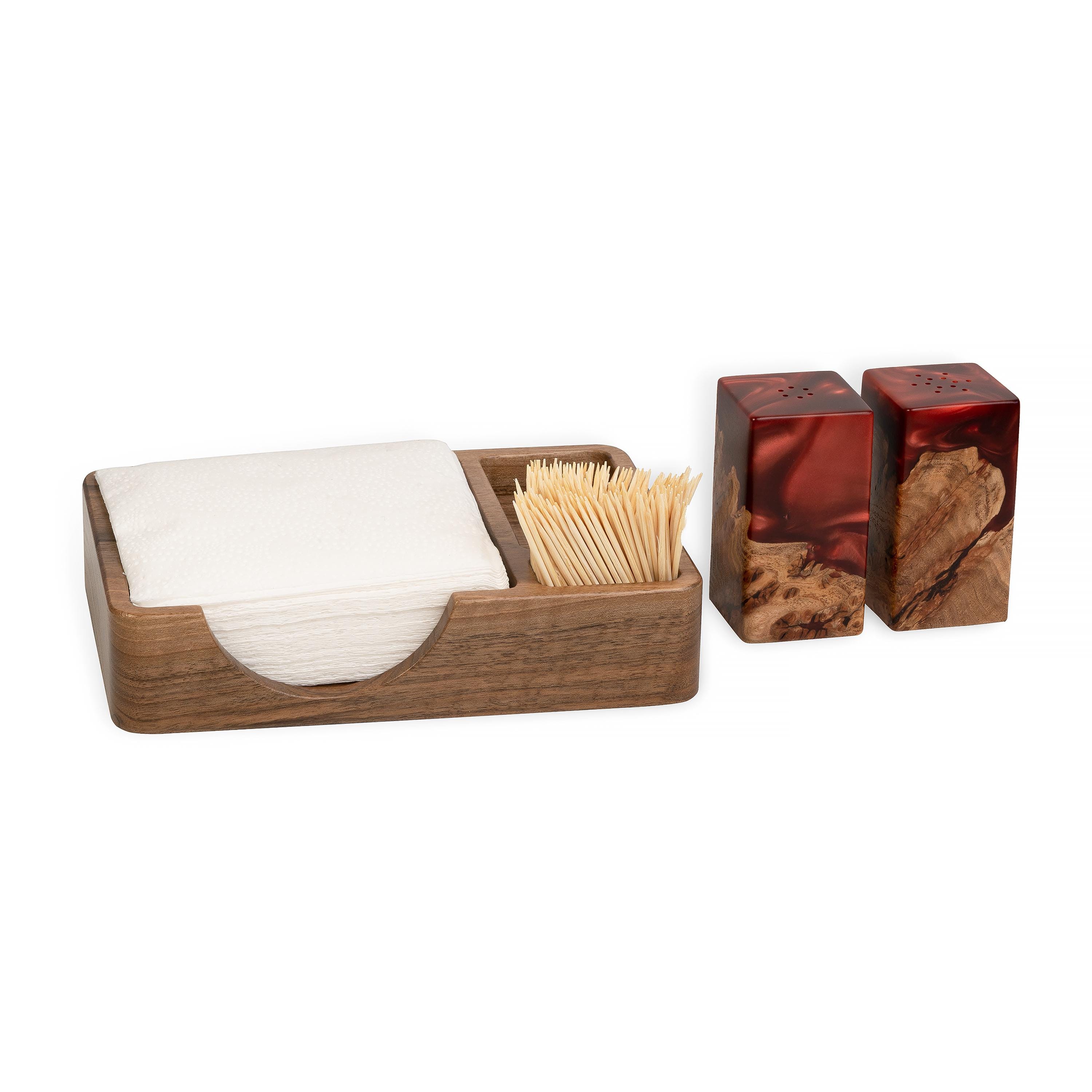 Rustic Wood & Epoxy Resin Salt Pepper Shakers With Napkin, Toothpick ...