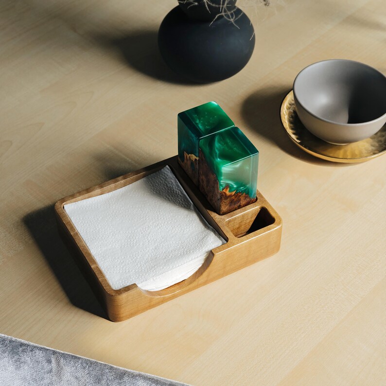 Rustic Wood & Epoxy Resin Salt Pepper Shakers With Napkin, Toothpick ...
