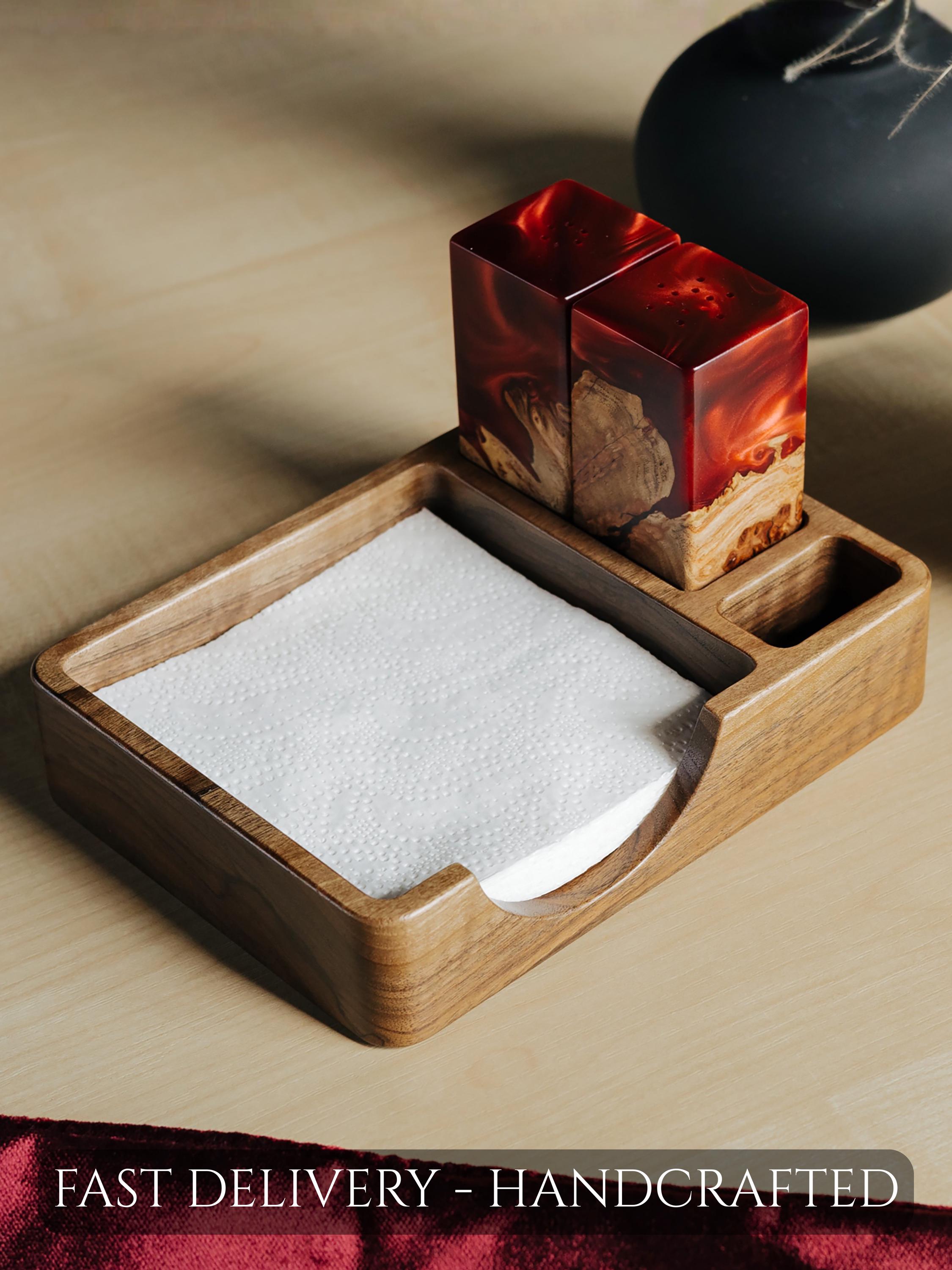 Rustic Wood & Epoxy Resin Salt Pepper Shakers With Napkin, Toothpick ...
