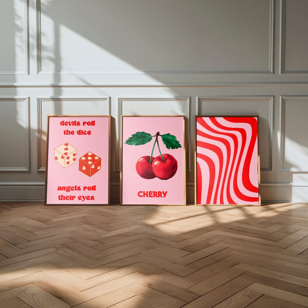 Pink Cherry Poster, Set of 3 Retro Poster, Y2k Room Decor, Pink Poster ...