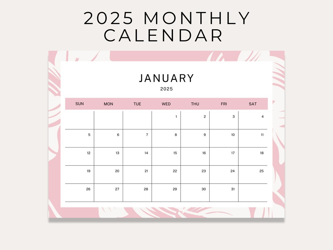 2025 Pink Floral Monthly Calendar, Printable Calendar, Minimalist ...