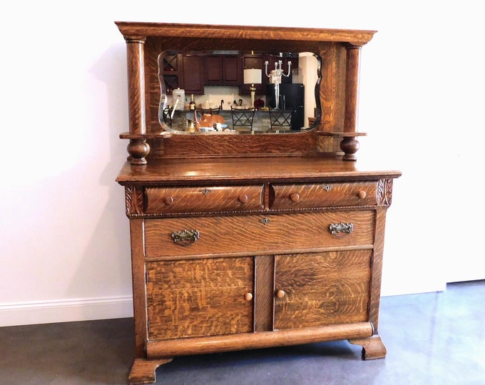 Antique Early 1920's Tiger Oak Buffet Server W/ Mirrored Back - Etsy