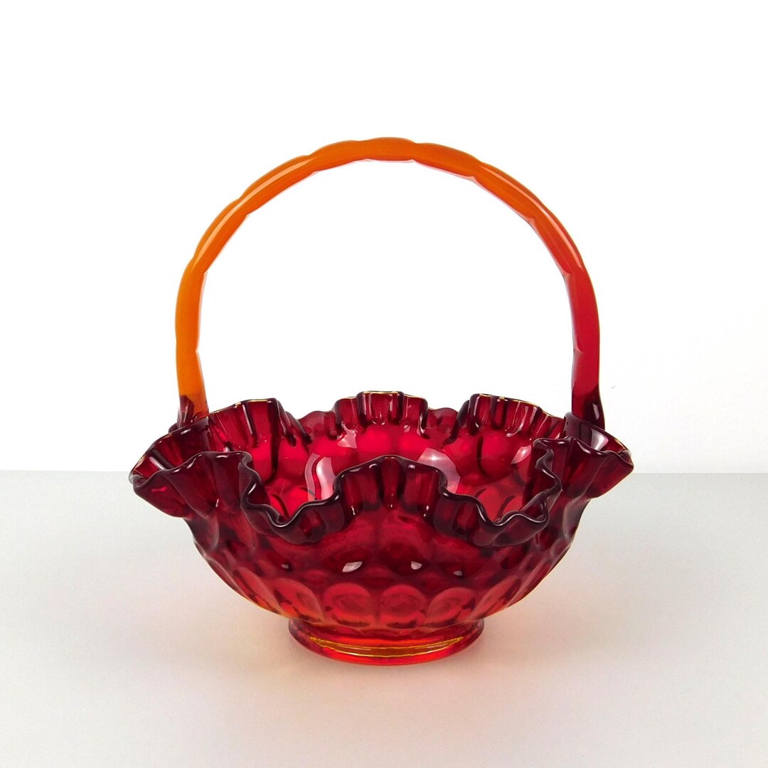 Vintage Fenton Glass Red/orange Thumbprint Crimpled Edge Basket - Etsy