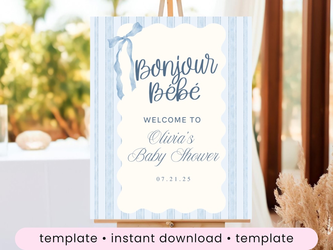 Bonjour Bebe Shower Sign Digital Canva Welcome Poster Template Cute ...